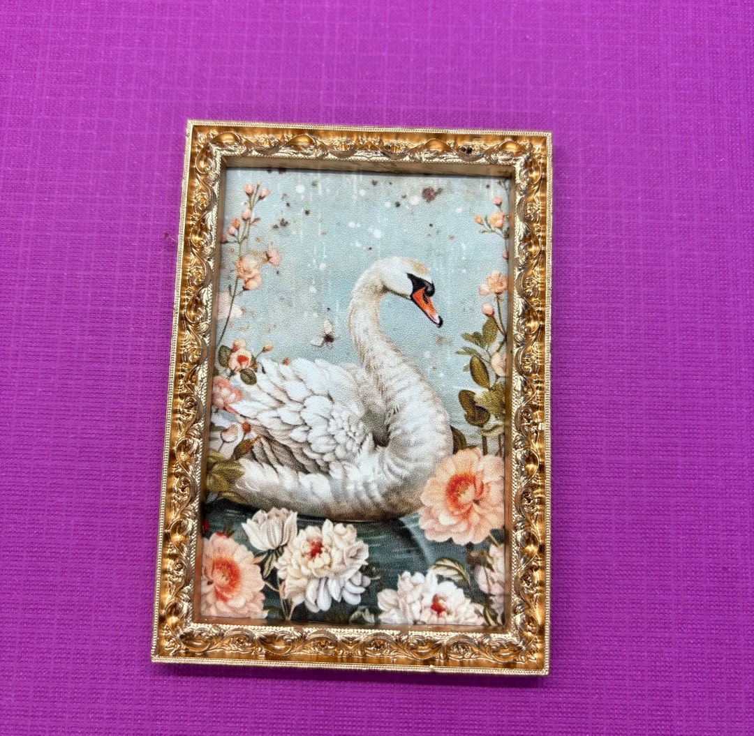 Swan With Flowers Miniature Framed Print, Whimsical Swan Dollhouse ...