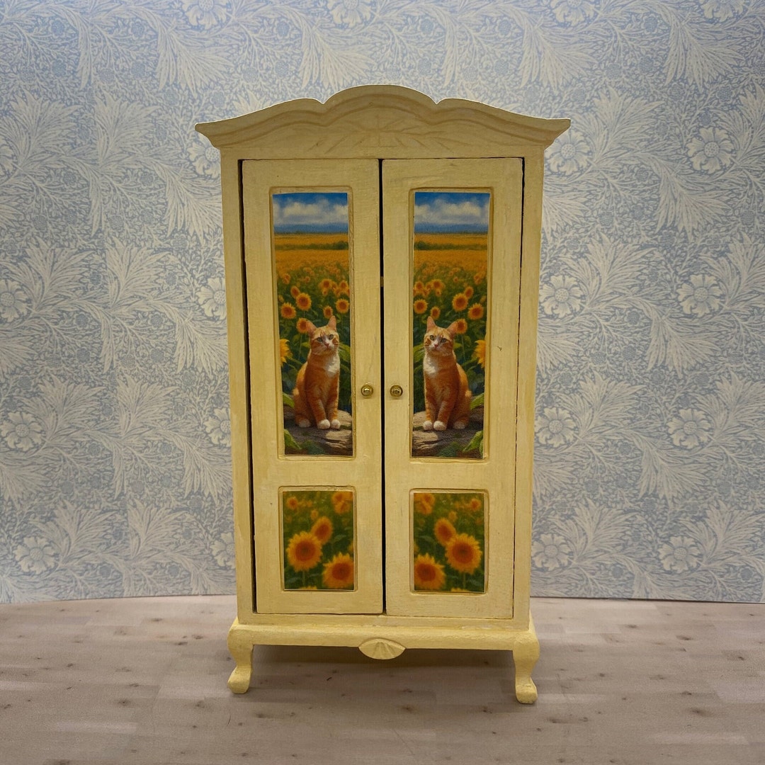 Miniature Armoire With Orange Tabby Cat, Sunflower Miniature Cabinet ...