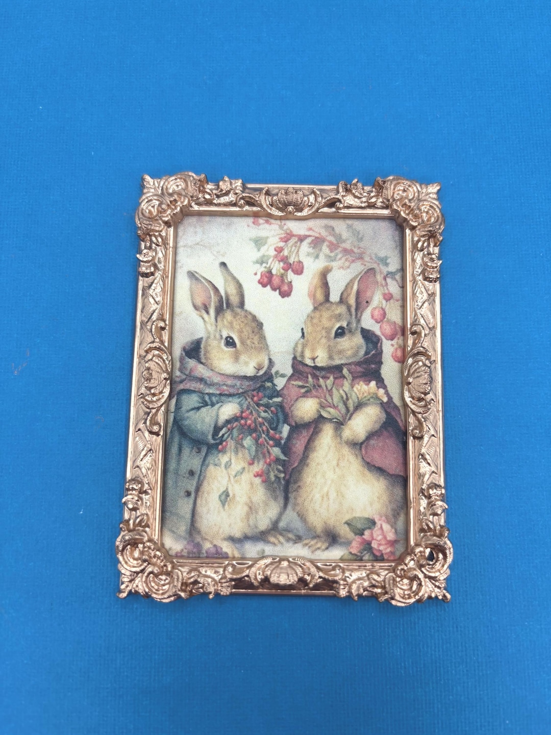 Dollhouse Picture of Two Little Rabbits in a Goldtone Frame, Miniature ...