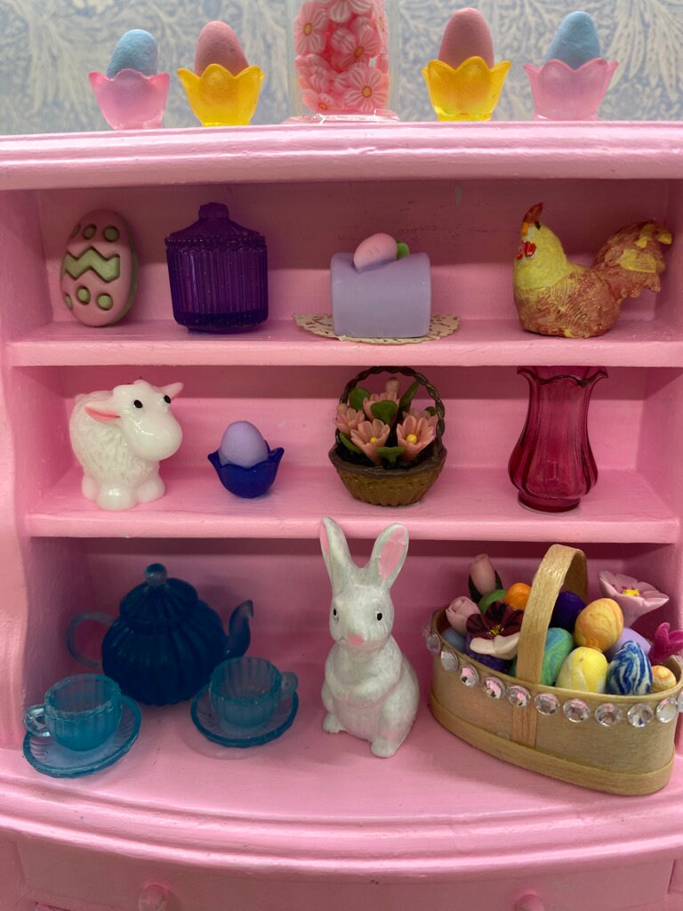 Miniature Kitchen Cabinet, Bombe Style Hutch, Pink Shelves for Your ...