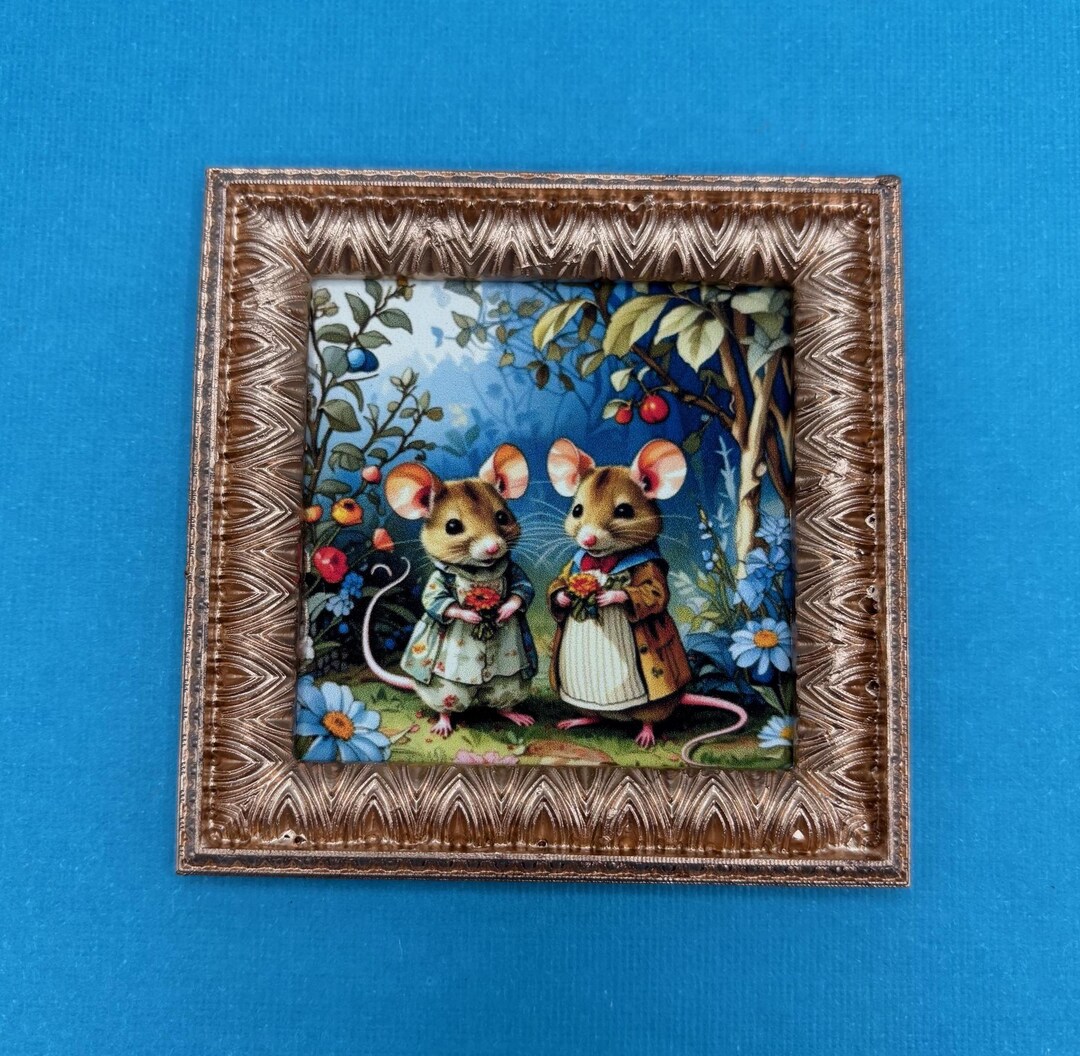 Delightful Folk Art Mice, Whimsical Mice Dollhouse Framed Art, Goldtone ...