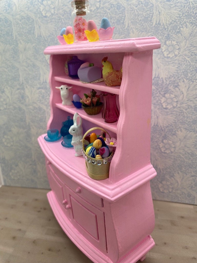Miniature Kitchen Cabinet, Bombe Style Hutch, Pink Shelves for Your ...