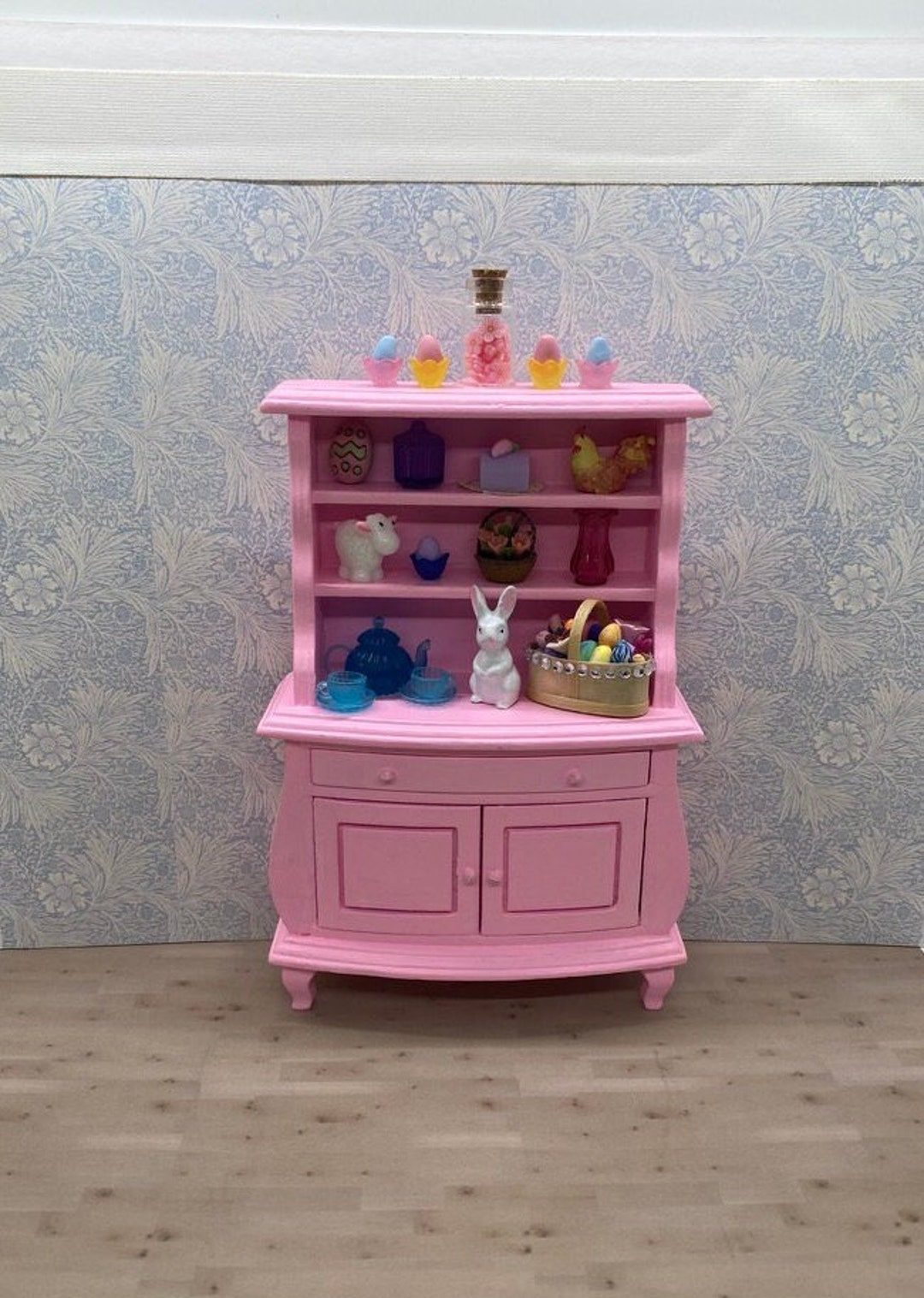 Miniature Kitchen Cabinet, Bombe Style Hutch, Pink Shelves for Your ...