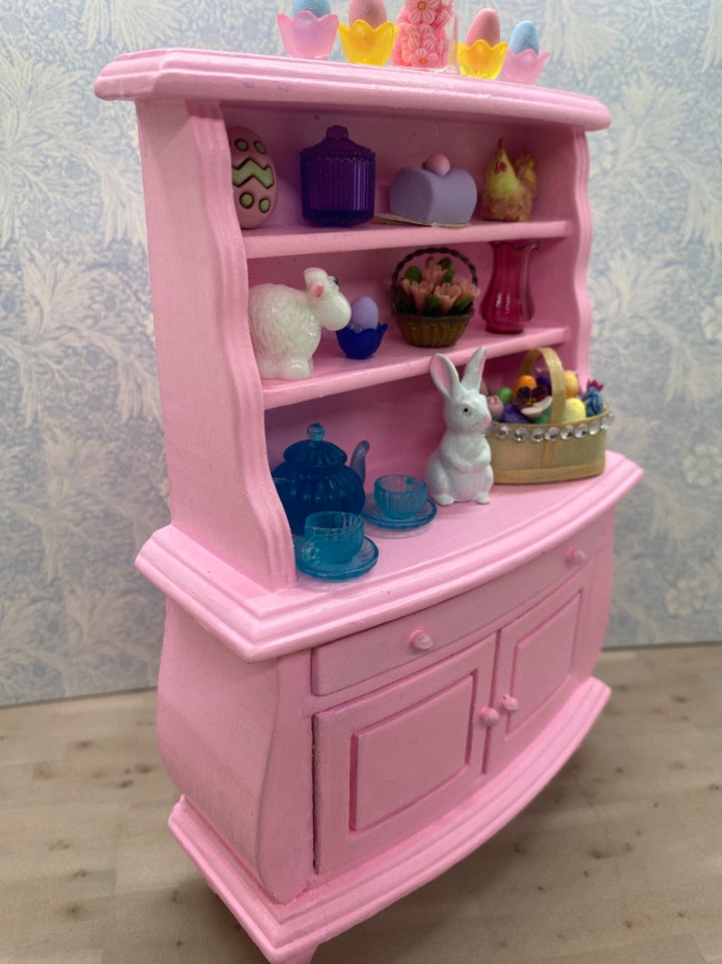 Miniature Kitchen Cabinet, Bombe Style Hutch, Pink Shelves for Your ...