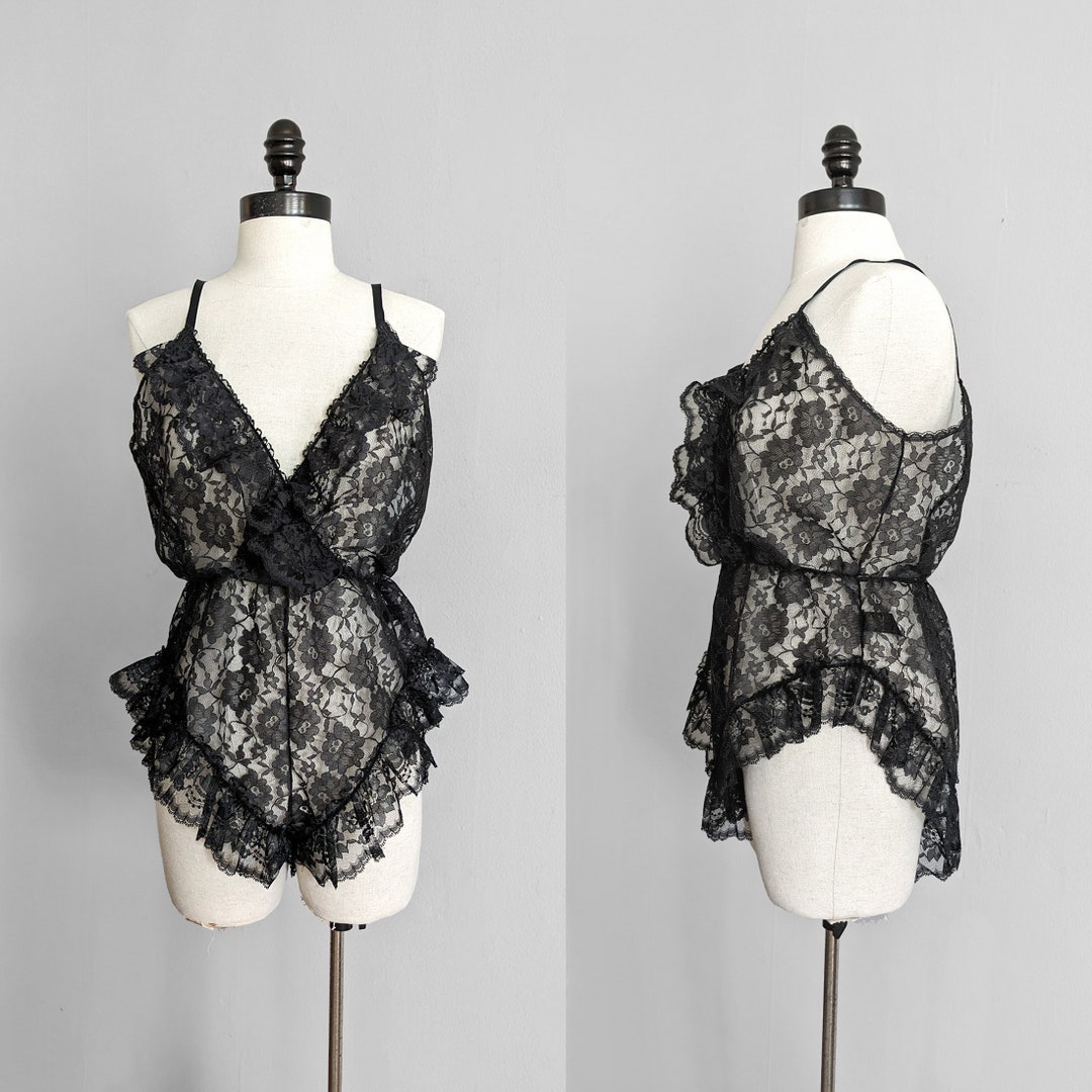 Vintage Black Sheer Lace Ruffle Lingerie Teddy by Val Mode - Etsy