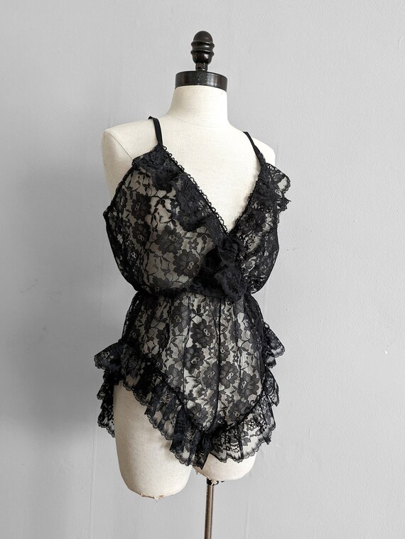 Vintage Black Sheer Lace Ruffle Lingerie Teddy by Val… - Gem