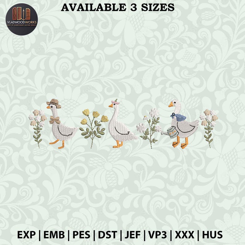 Cute Goose Embroidery Design, Floral Goose Embroidery Design, Animal ...