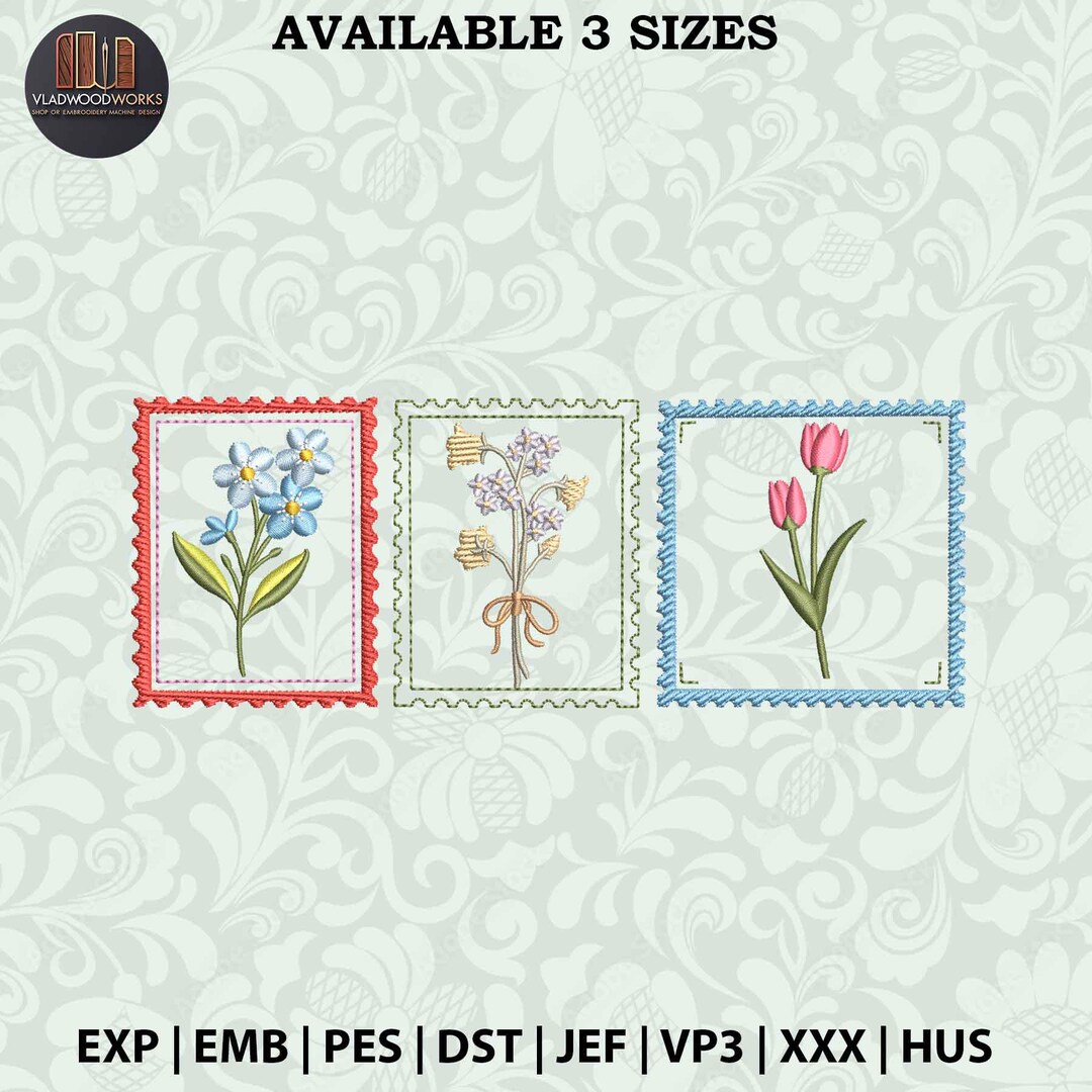 Flower Postage Stamps Embroidery Design, Floral Stamps Embroidery ...