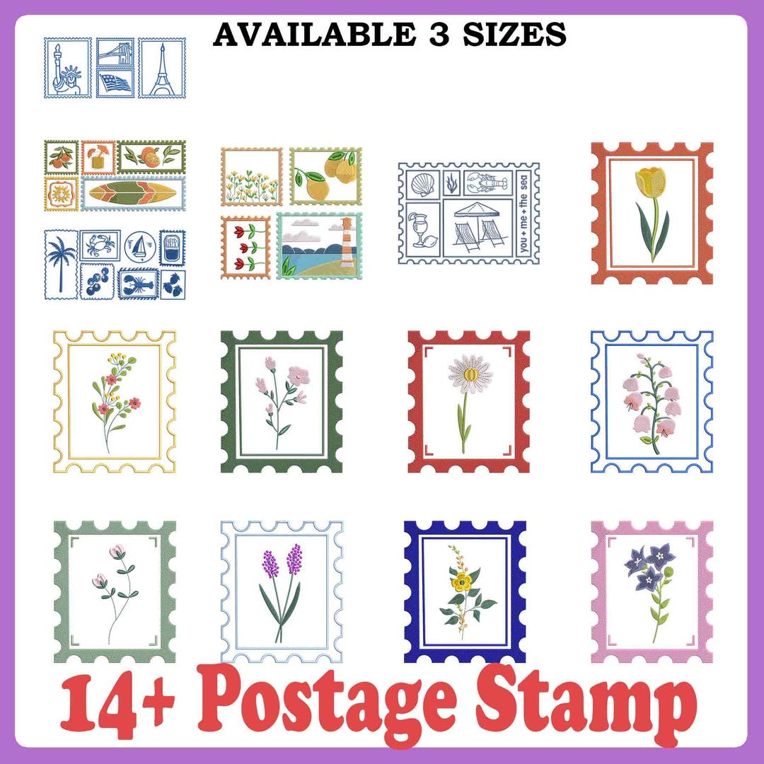 14 Flowers Postage Stamp Embroidery Bundle, Flower Boho Stamps ...