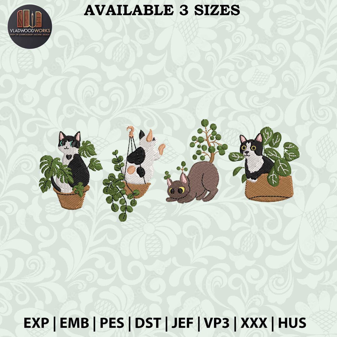 Cute Cat Embroidery Design, Plants Cat Embroidery Design, Animal ...