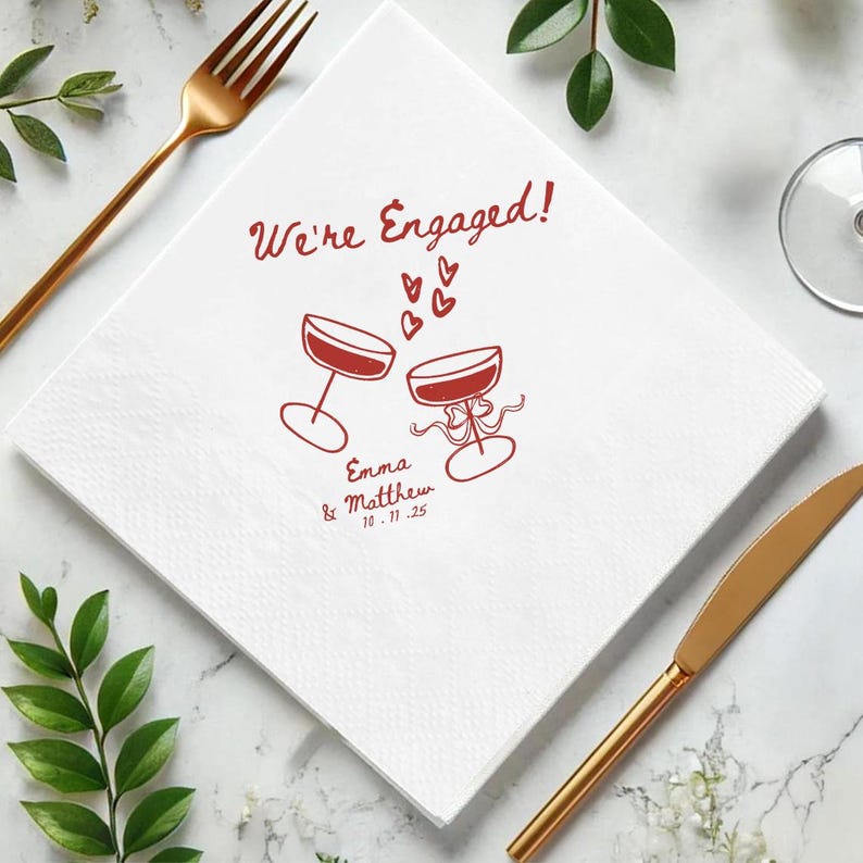 Personalized Engagement Napkins: Hand-drawn Glasses, Custom Wedding ...