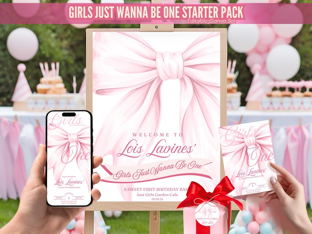 Pink Bow Birthday Starter Set Girls Just Wanna Be One Editable Canva ...