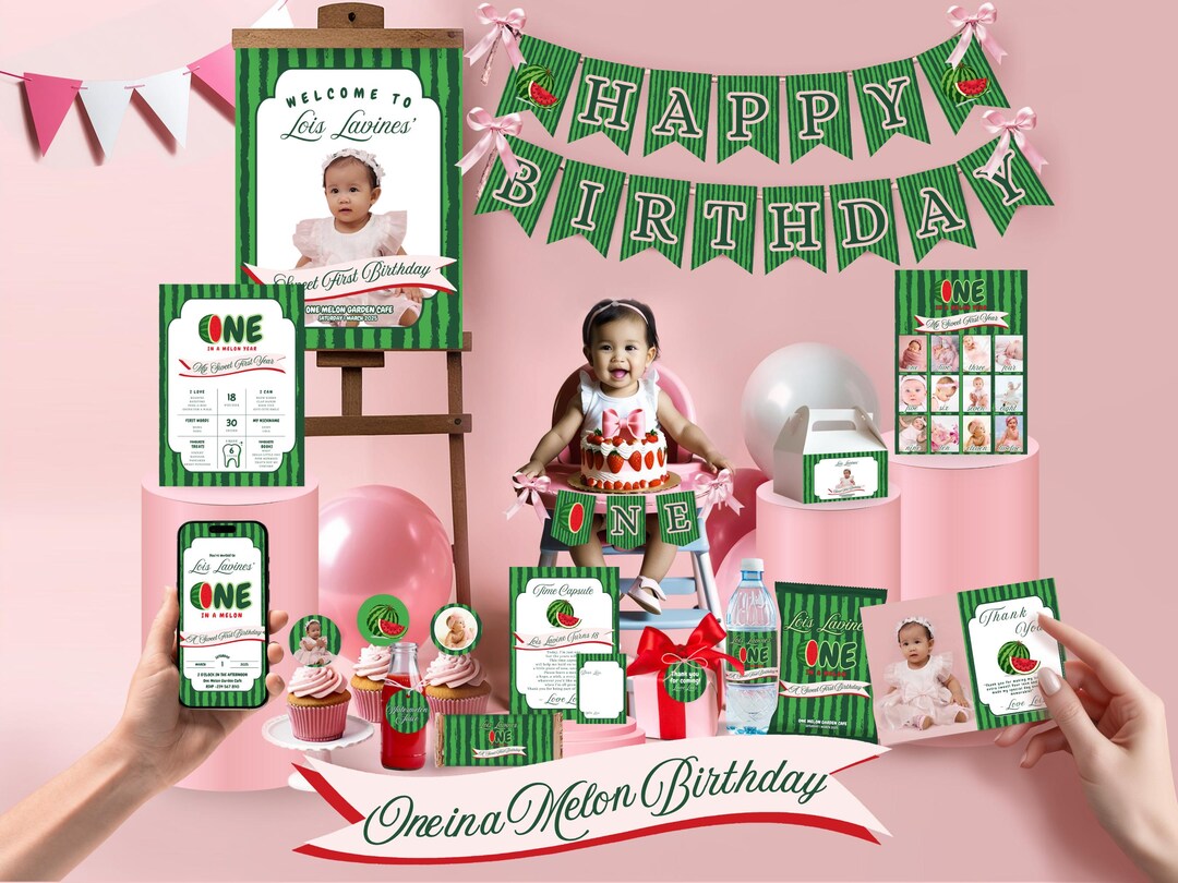 One in a Melon Birthday Canva Template Kit Printable Party Bundle ...