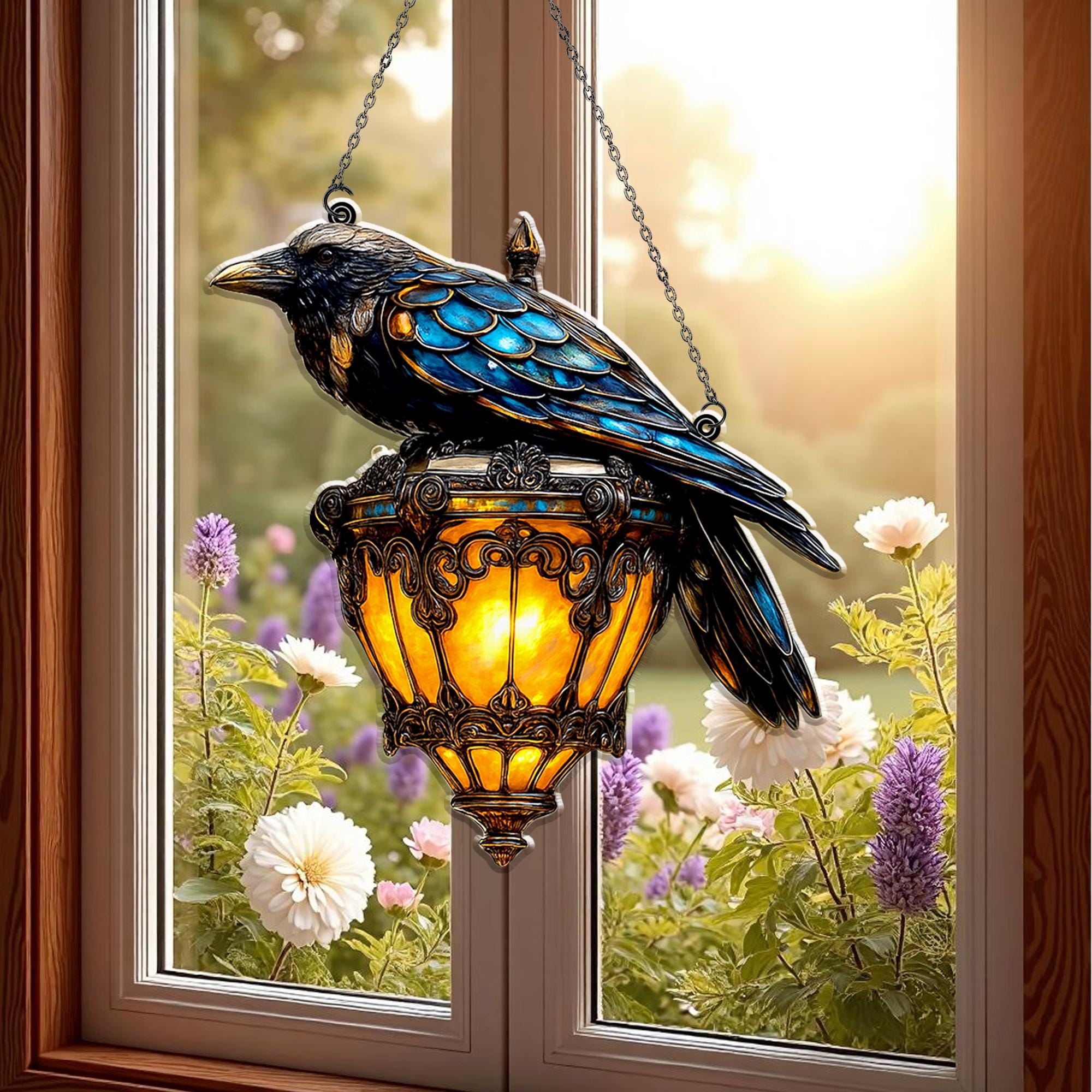 Gothic Raven on Lantern Acrylic Suncatcher, Halloween Crow on Lamp ...