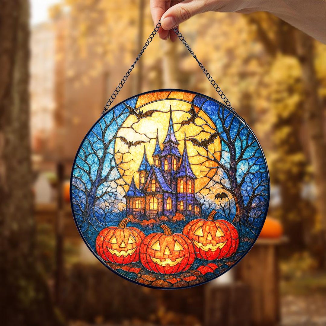 Halloween Town Stained Glass Suncatcher, Spooky Home Decor, Pumpkin ...
