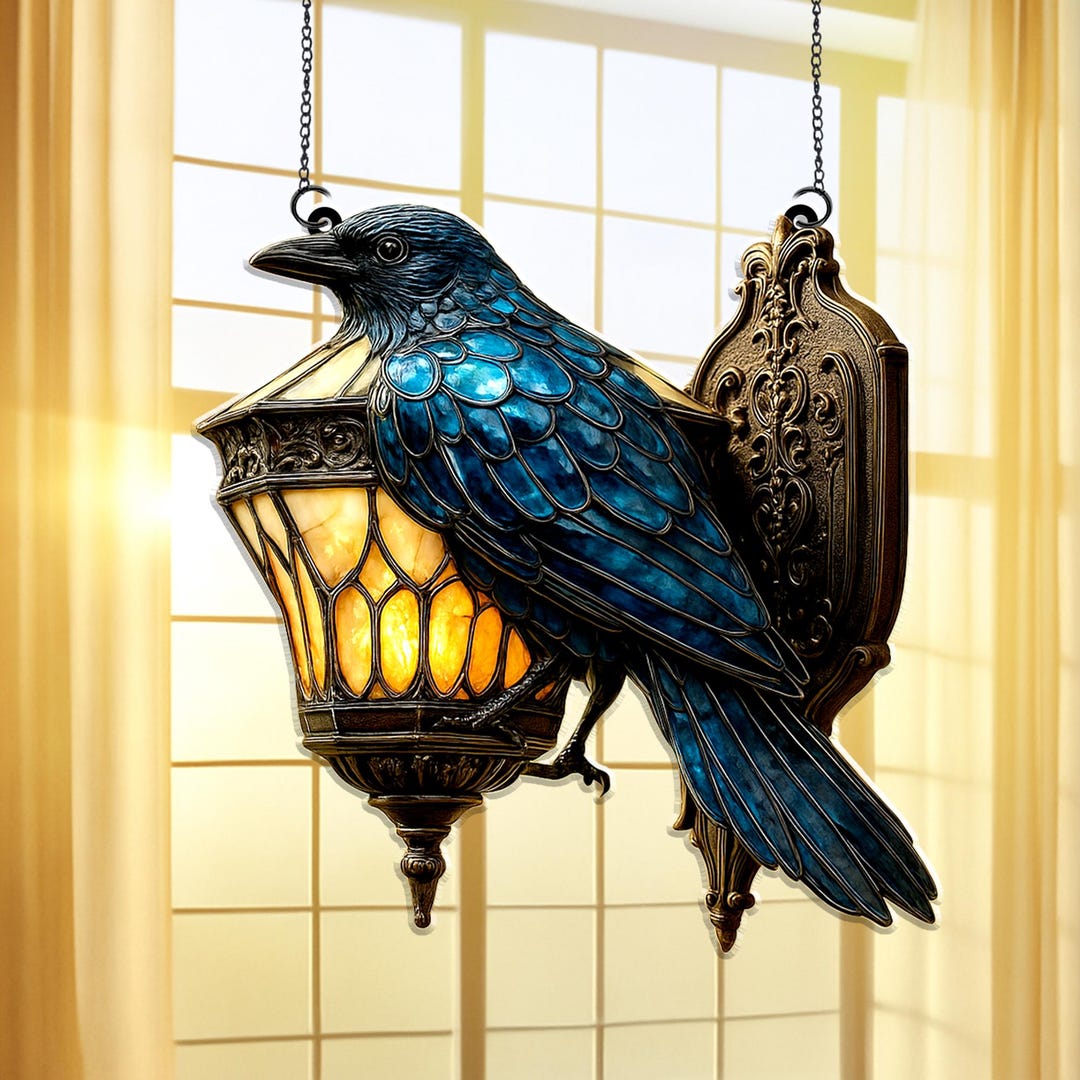 Gothic Raven on Lantern Faux Glass Suncatcher, Crow on Lamp Ornament ...