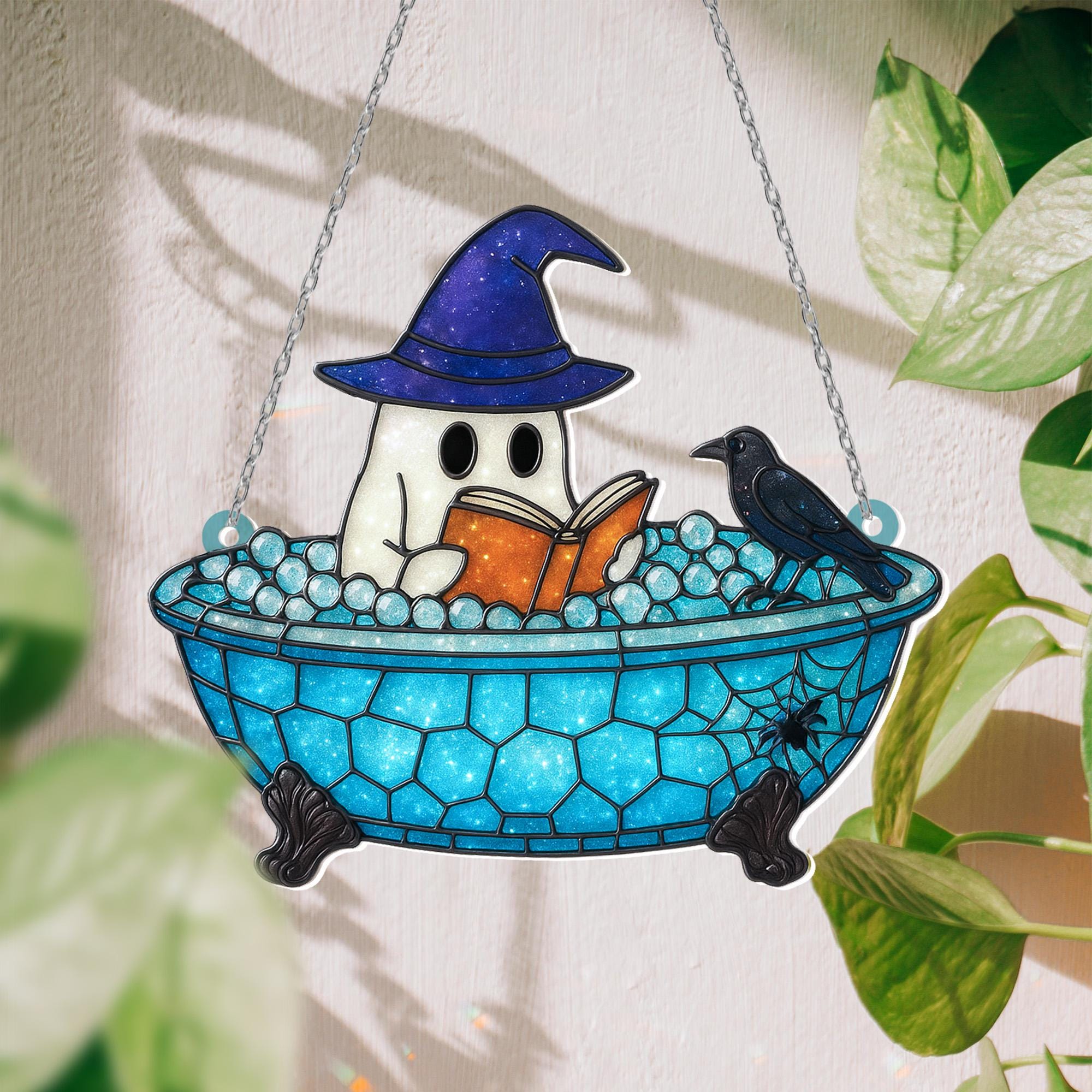 Cute Ghost Reading Book Bathroom Suncatcher, Ghost in Bathtub Acrylic ...