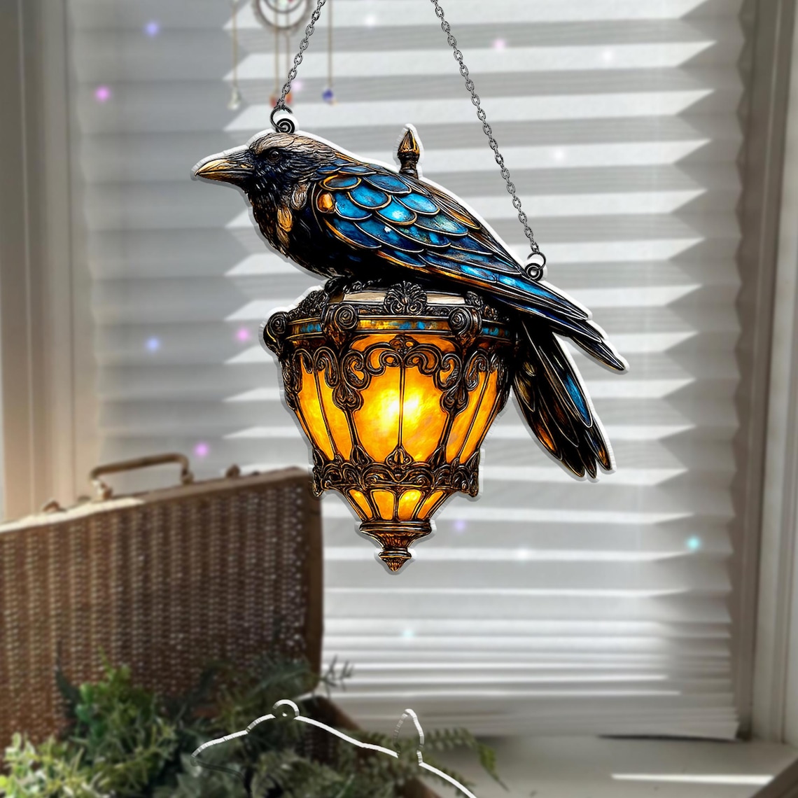 Gothic Raven on Lantern Acrylic Suncatcher, Halloween Crow on Lamp ...