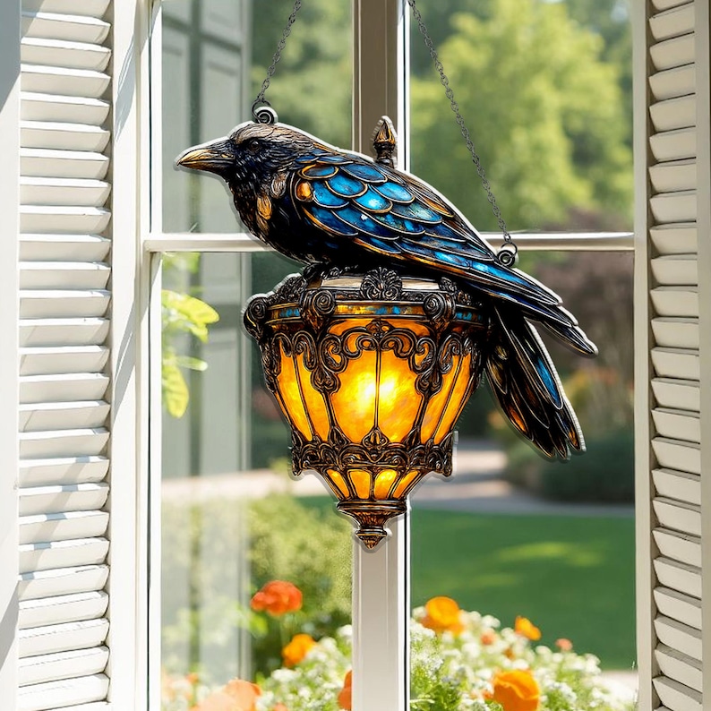 Gothic Raven on Lantern Acrylic Suncatcher, Halloween Crow on Lamp ...
