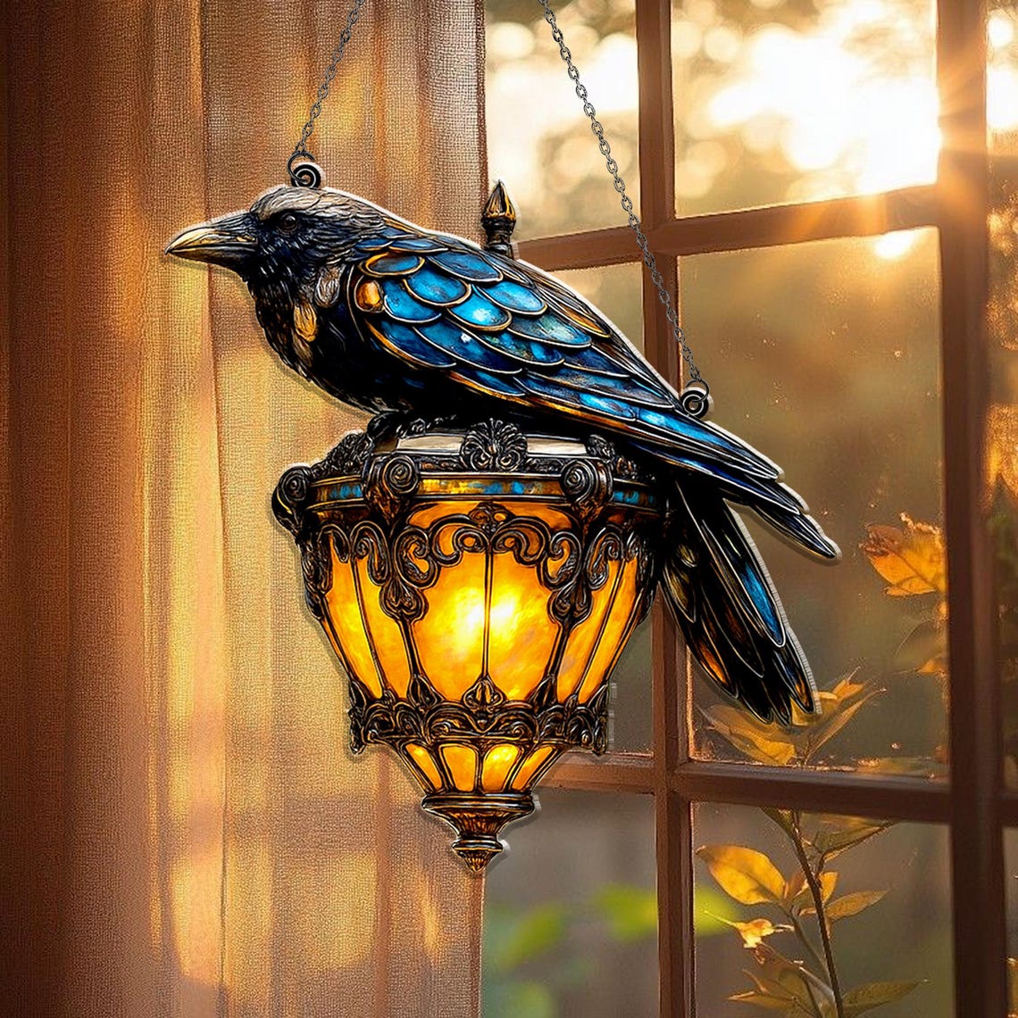 Gothic Raven on Lantern Acrylic Suncatcher, Halloween Crow on Lamp ...