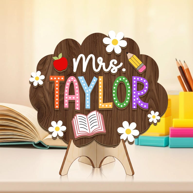 Custom 2 Layer Teacher Name Sign, Personalized Wooden Classroom Decor ...