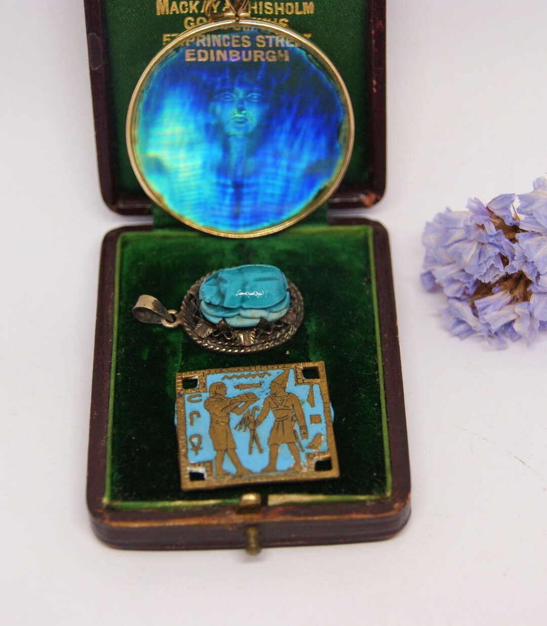 Vintage Egyptian Pieces Tutankhamun Hologram Pendant, Faience Scarab ...