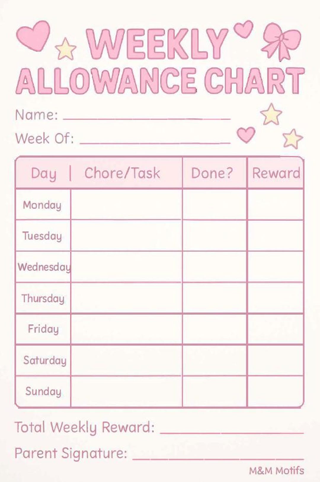 Allowance Chart for Girls (digital Product) - Etsy