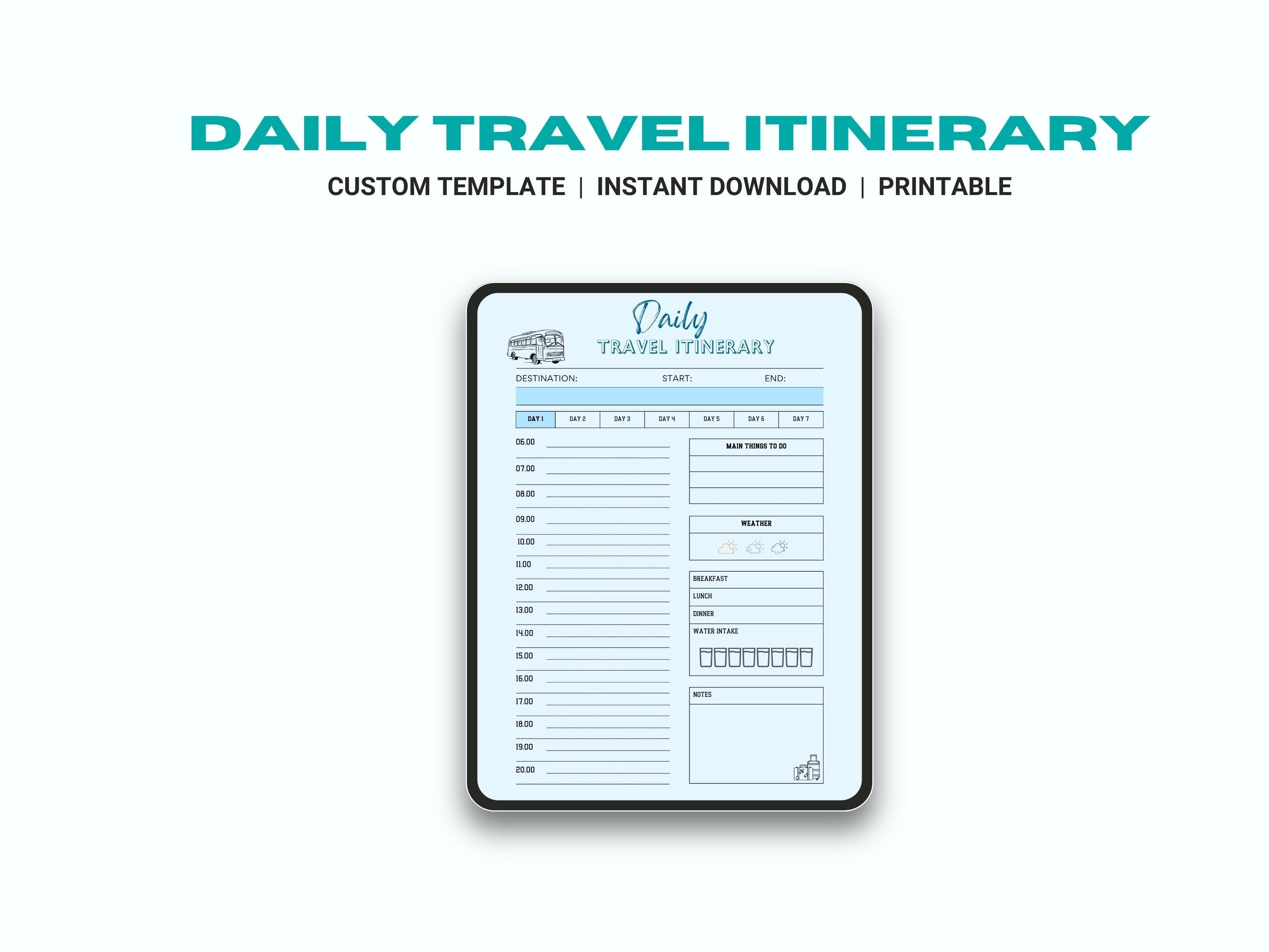 Daily Travel Itinerary PDF | Printable 7-day Itinerary, Trip Schedule ...