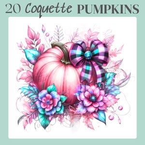 Coquette Autumn Pumpkin Clipart: Floral Plaid Bow PNG Bundle (digital ...