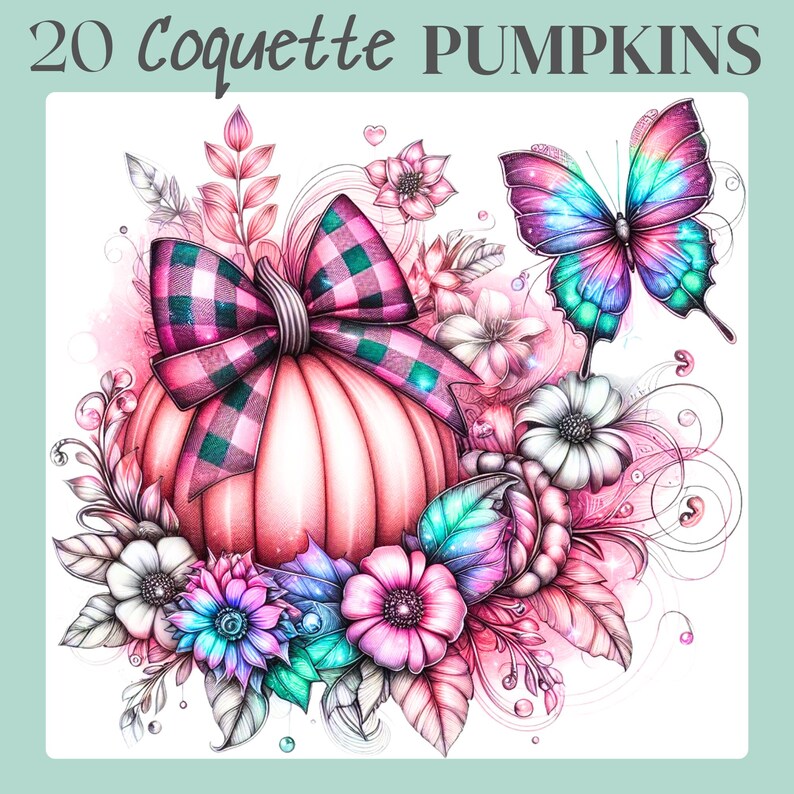 Coquette Autumn Pumpkin Clipart: Floral Plaid Bow PNG Bundle (digital ...