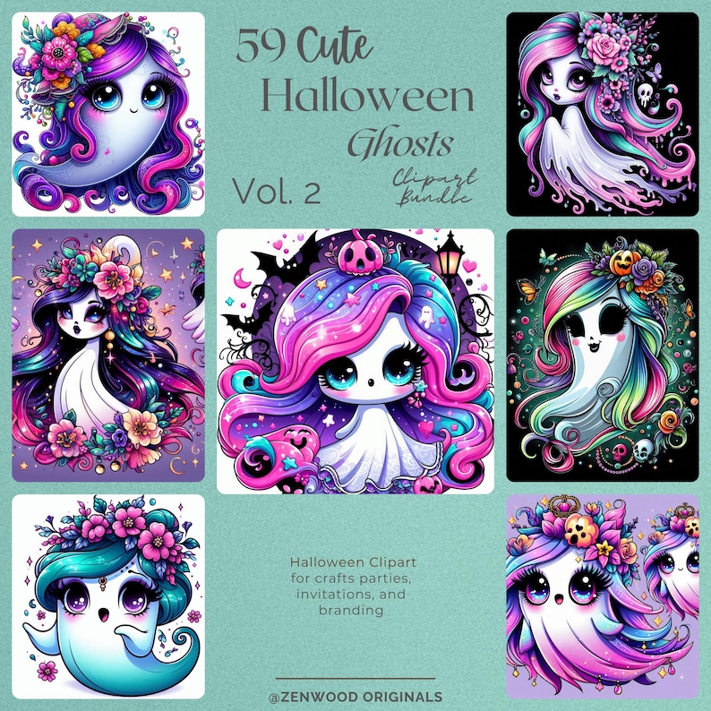 59 Ghost Clipart, Cute Colorful Ghosts PNG\JPG, Kawaii Halloween ...