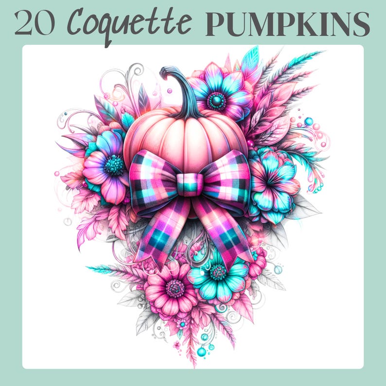 Coquette Autumn Pumpkin Clipart: Floral Plaid Bow PNG Bundle (digital ...