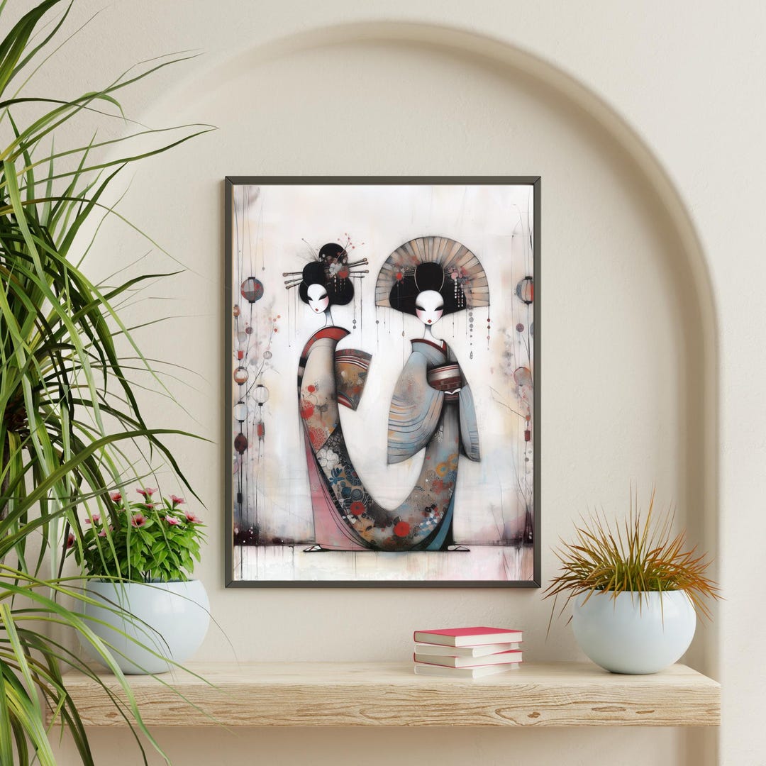 Pastel Geisha Art, Japanese Geisha Print, Dual Geisha Wall Art, Pastel ...