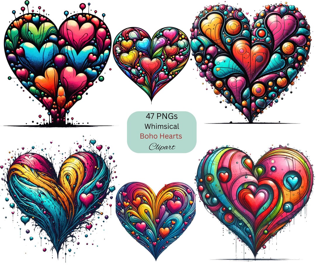 47 Hearts PNG, Boho Heart Clipart, Love Digital Art, Sublimation Design ...