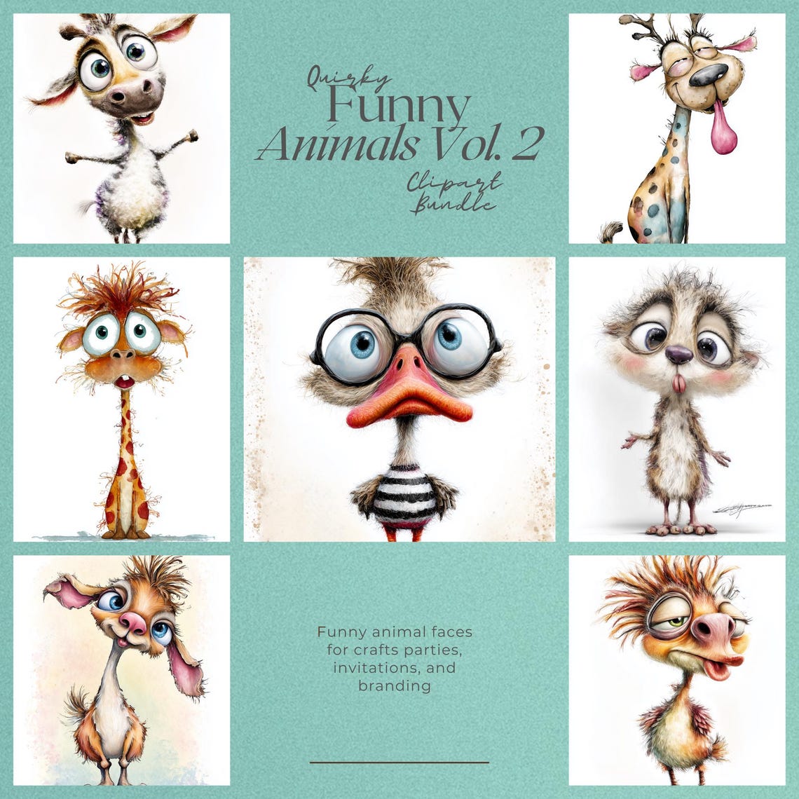 Funny Animal Clipart Bundle: Whimsical Cartoon Pngs (digital Download ...