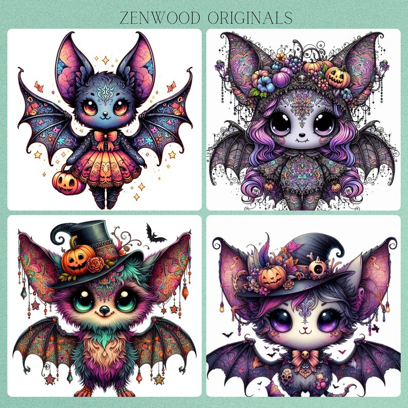 34 Halloween Bat Clipart, Cute Bat JPG, Whimsical Witch Bat Graphics ...