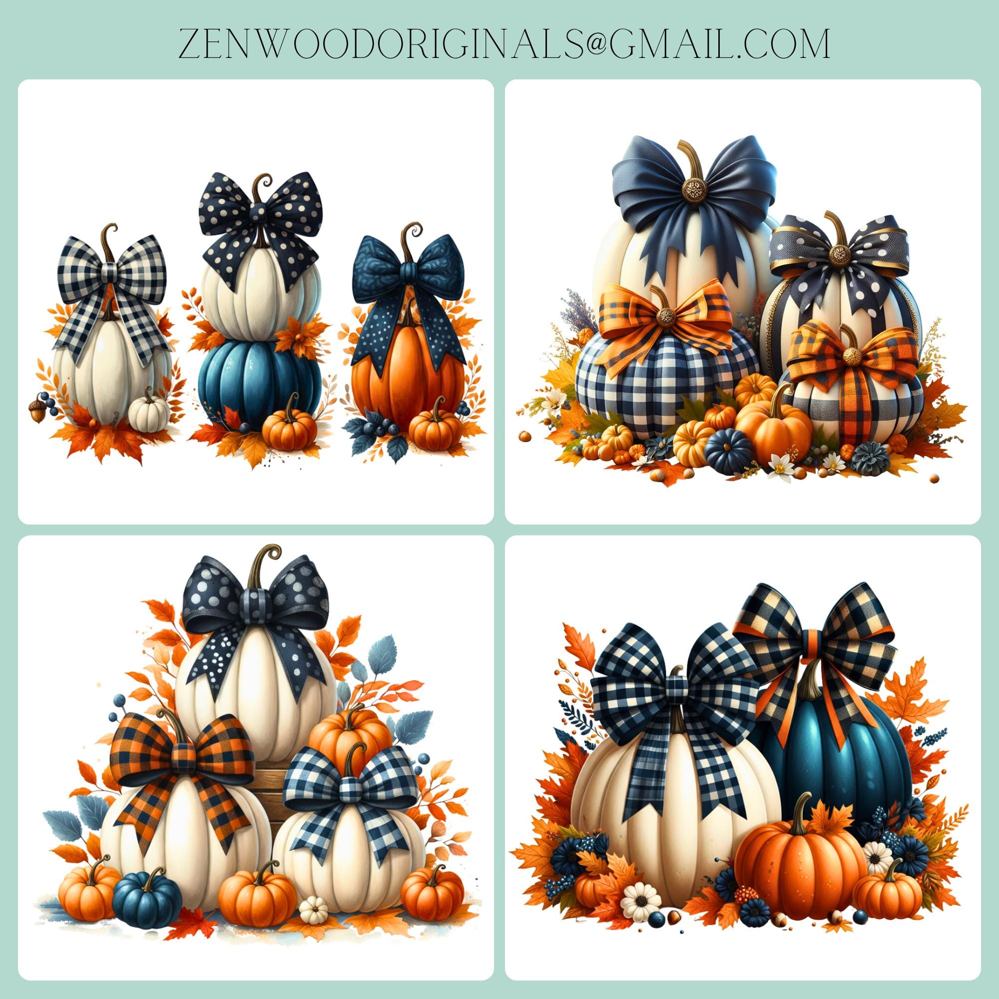 Autumn Pumpkin Clipart: Bow Pumpkins, Farmhouse Gingham (PNG Digital ...