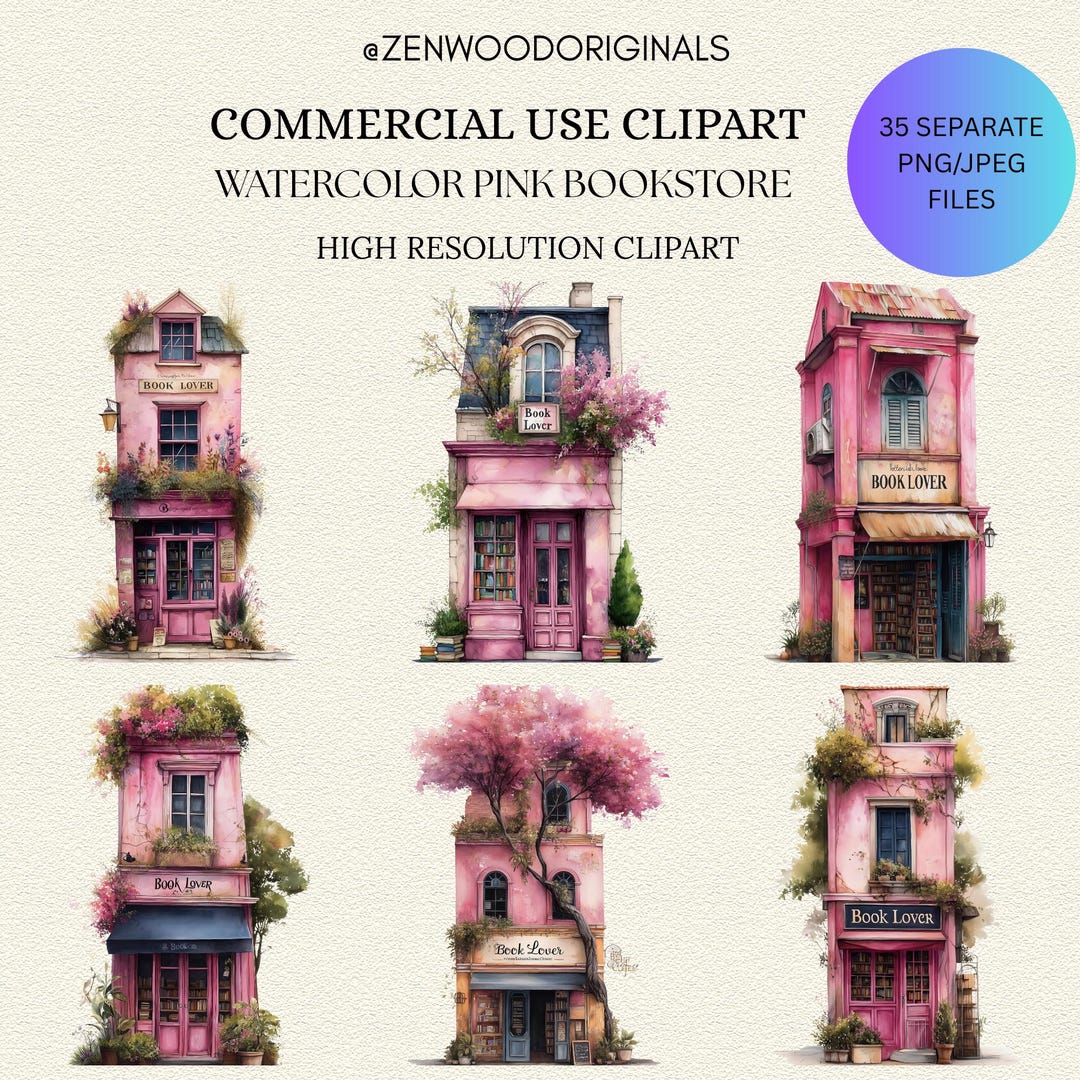 Pink Bookshop Clipart, Watercolor Bookstore Art, Cottagecore Bookstore ...