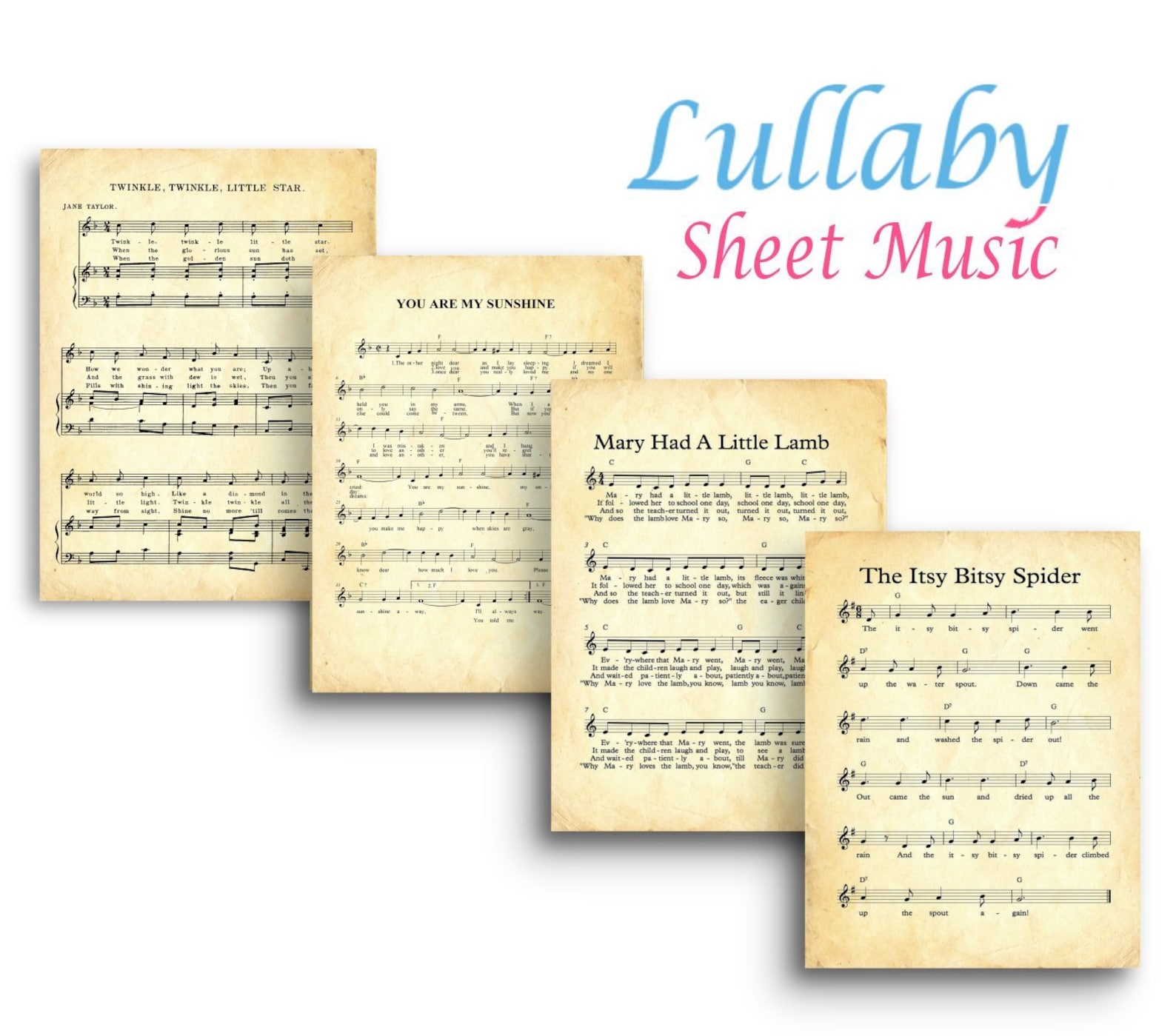 LULLABY SHEET MUSIC - Digital Paper Pack - 4 Different Lullabies ...