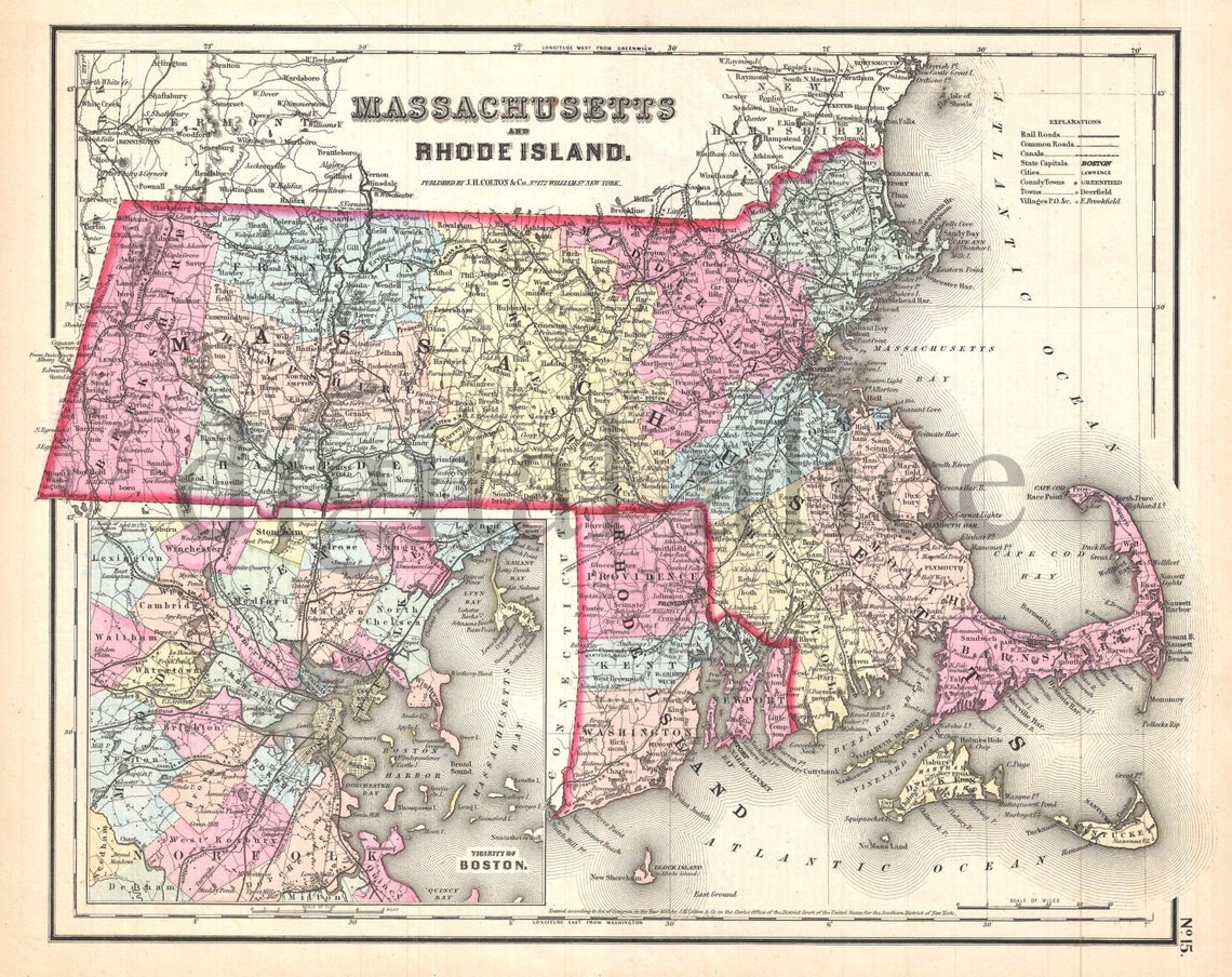 Vintage BOSTON MASSACHUSSETTS Map - Old Map 1855 Bean Town Boston ...