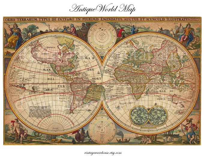 ANTIQUE Circa 1670 WORLD MAP instant Download Digital Printable 8.5 X ...