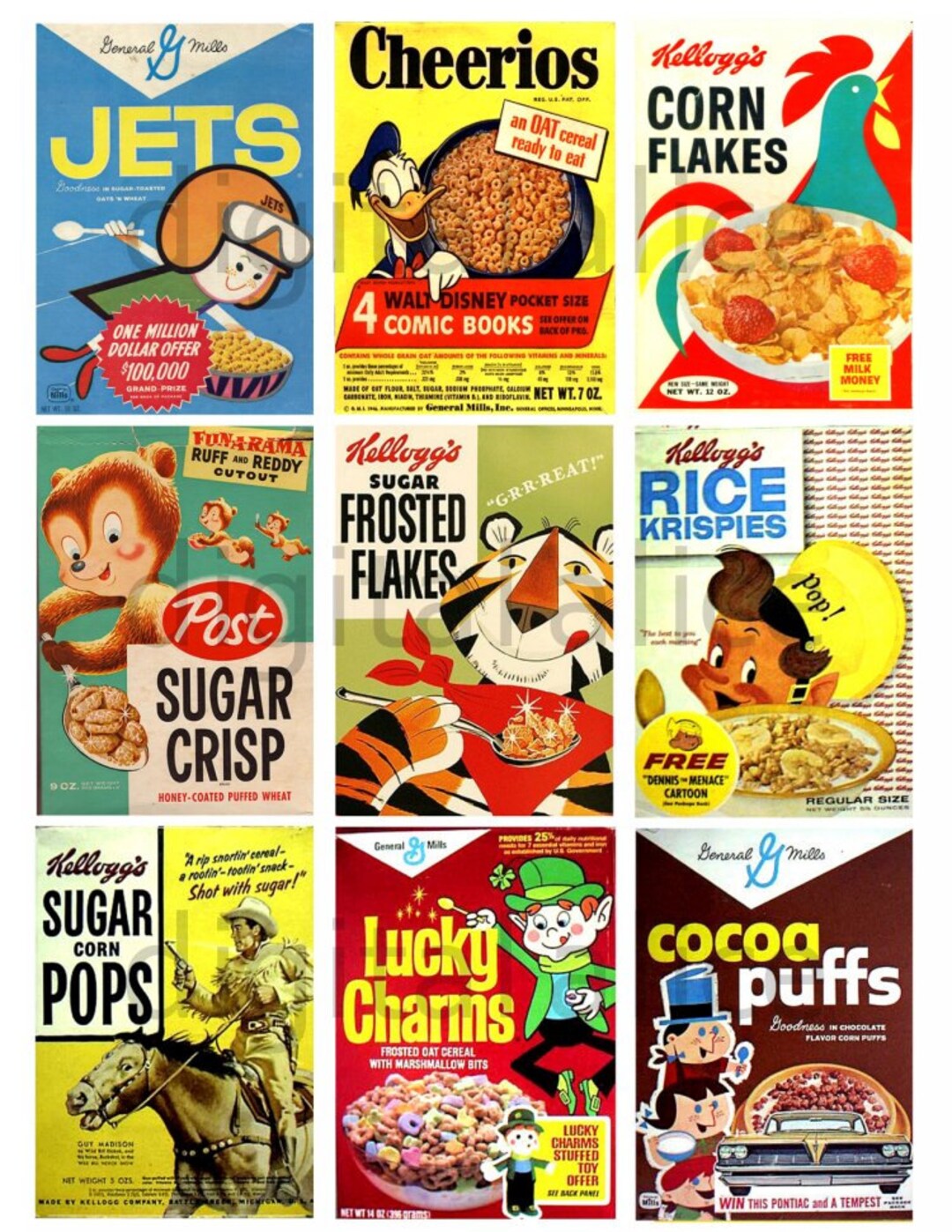 VINTAGE CEREAL BOXES 1 Digital Download Collage Sheet Play Food tags 