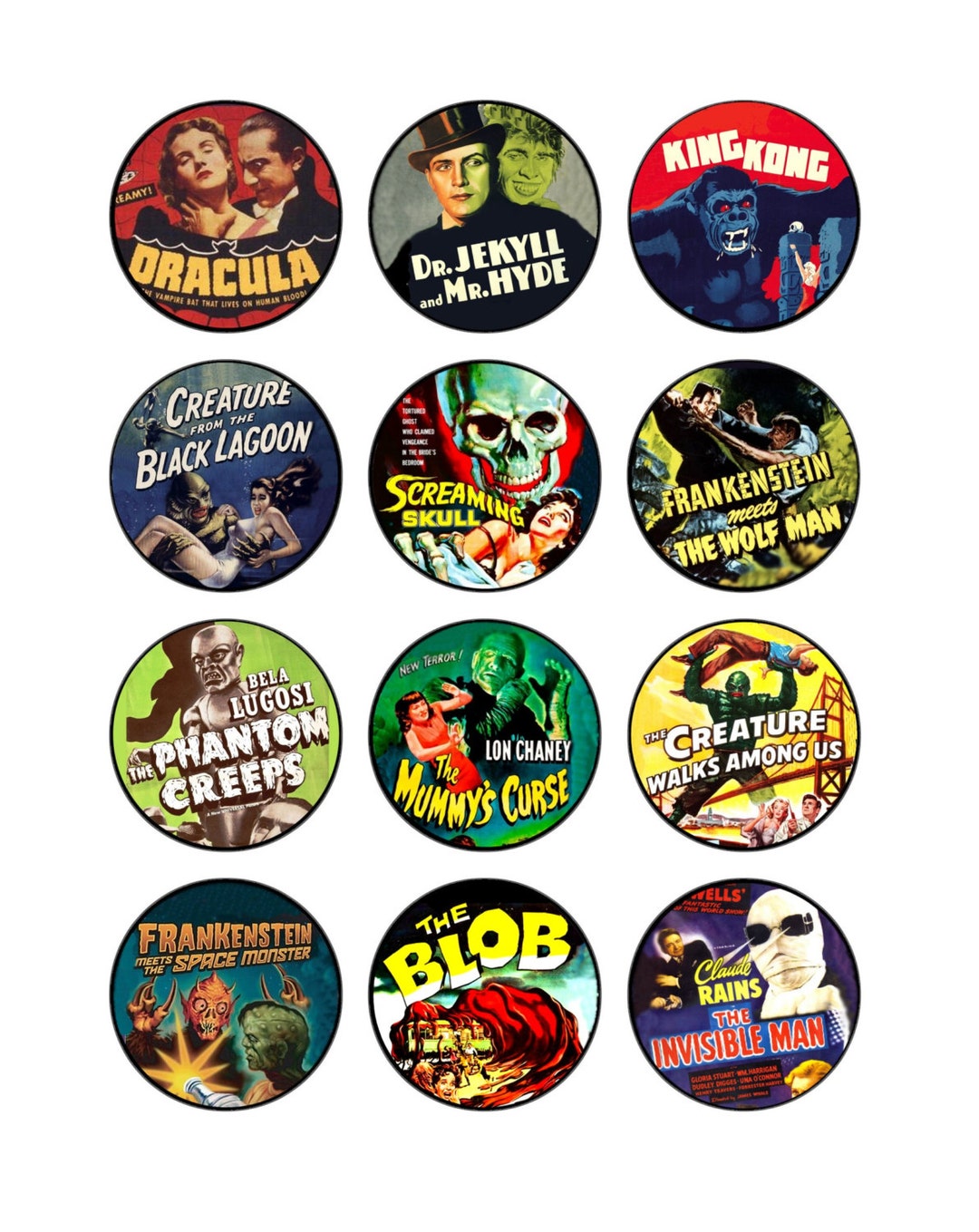 Old HORROR MOVIES Craft Circles -instant Download Printable - Scary ...