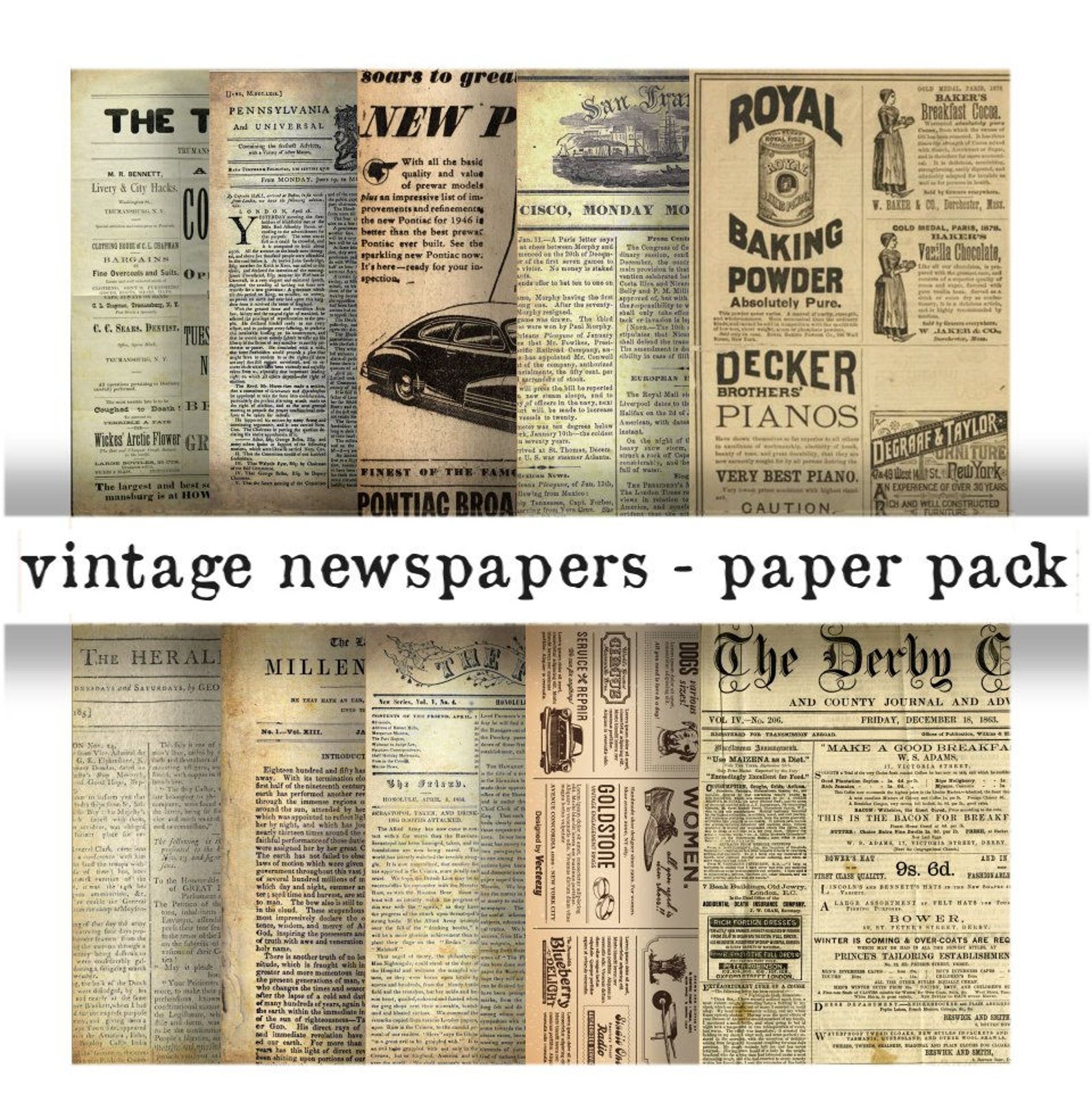 VINTAGE NEWSPAPERS Paper Pack- Digital Papers - 10 Antique News Papers ...
