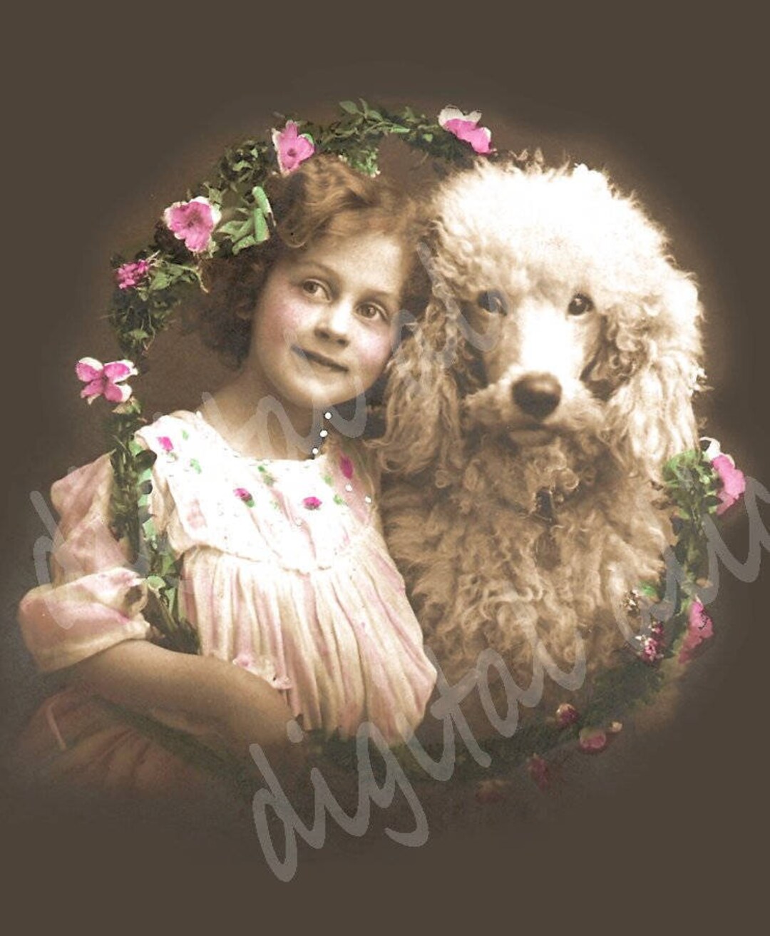 Printable Download GIRL W POODLE POSTCARD Reproduction - Colored ...