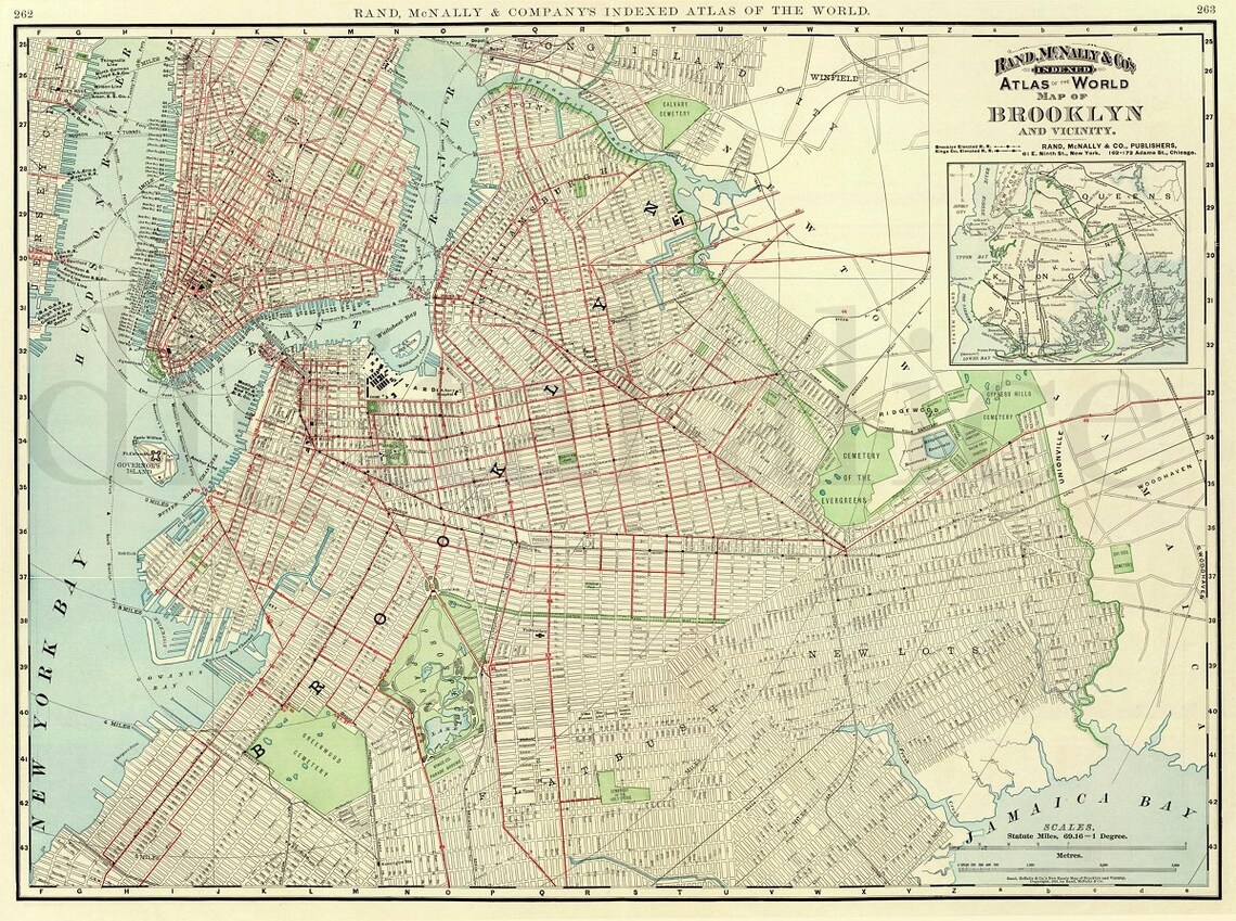 Vintage BROOKLYN MAP - Old Map 1891 Brooklyn NY - Colorful Antique Map ...