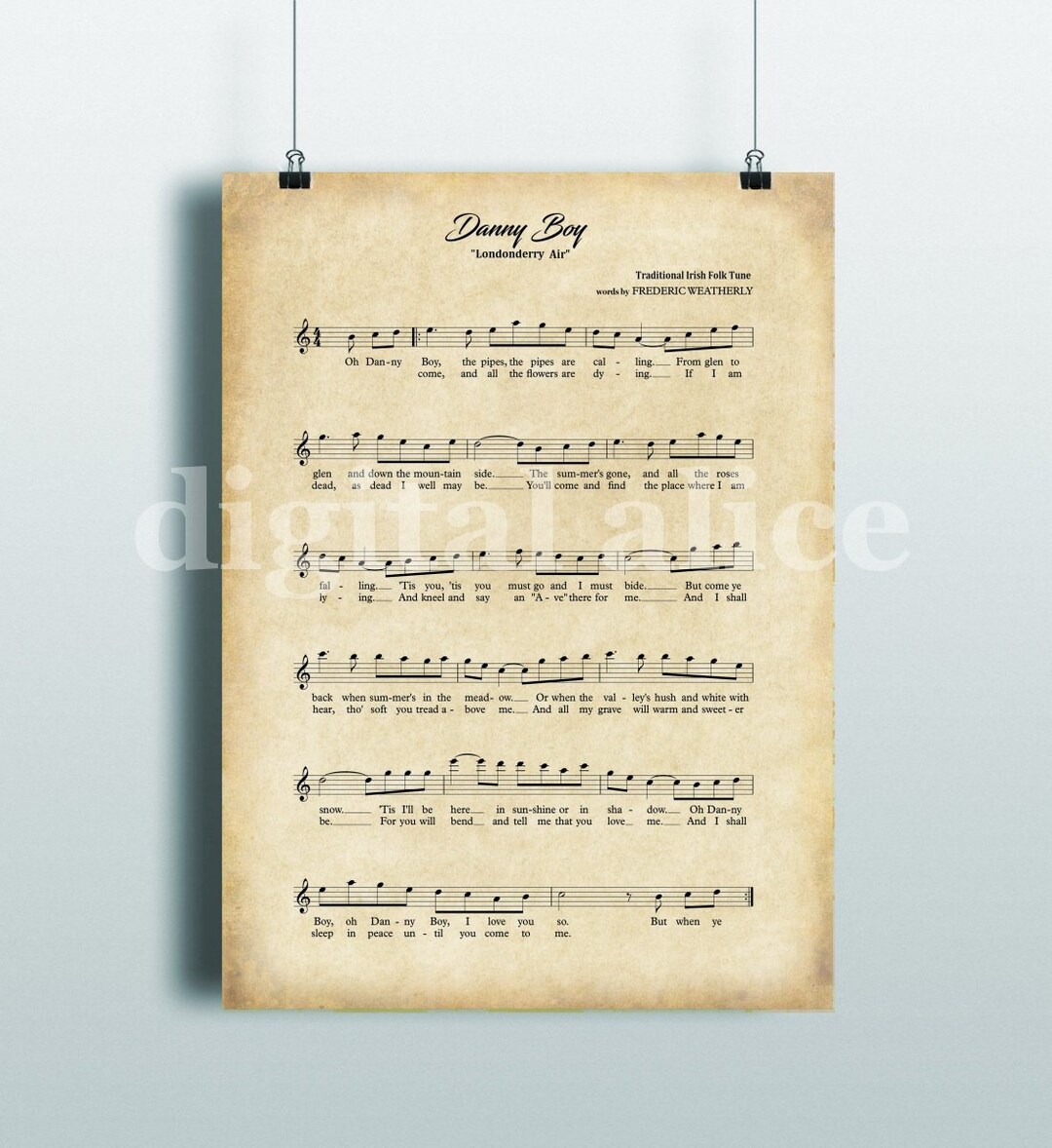 IRISH SHEET MUSIC - Danny Boy -instant Download Digital Printable Love ...