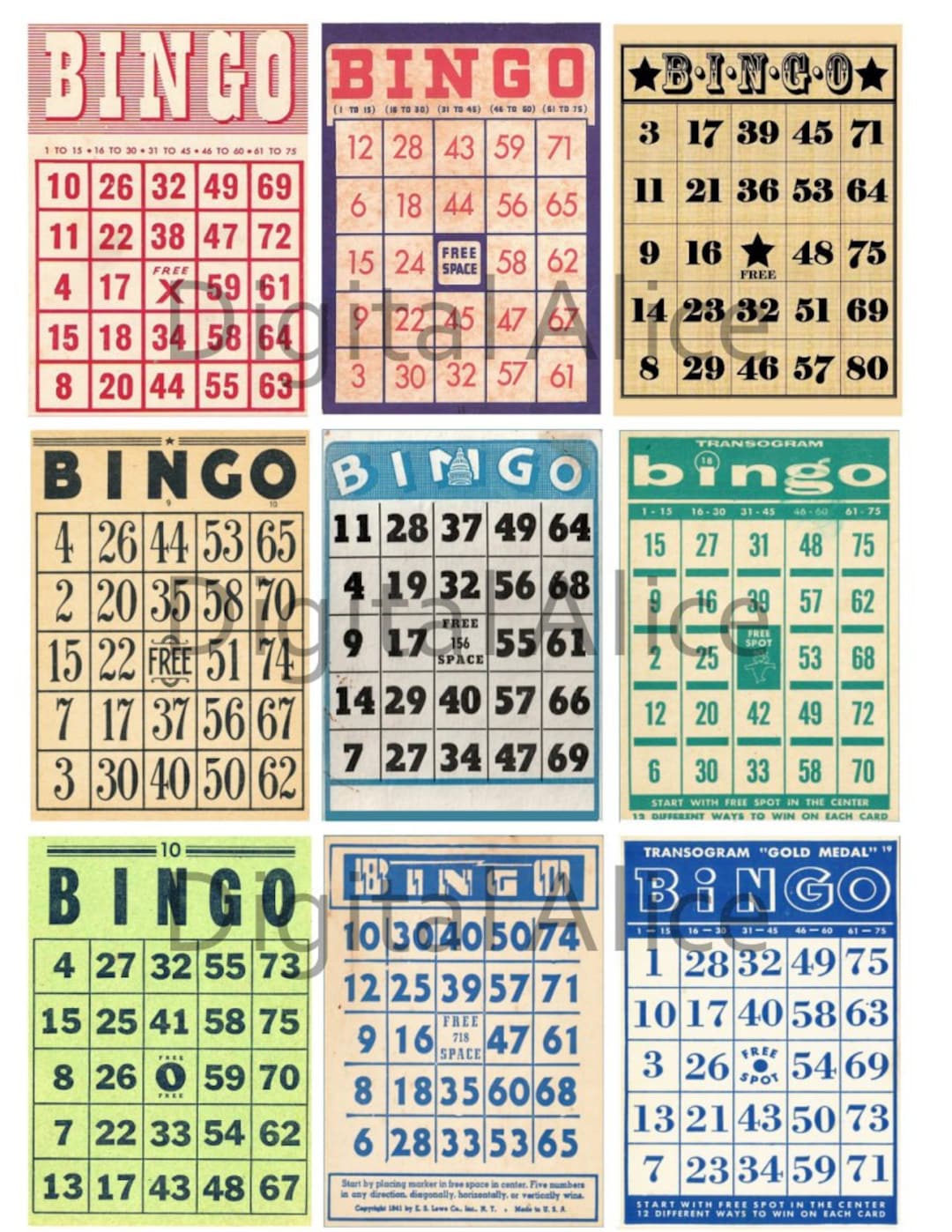 VINTAGE BINGO CARDS -instant Download Printable - 9 Mini Game Cards and ...