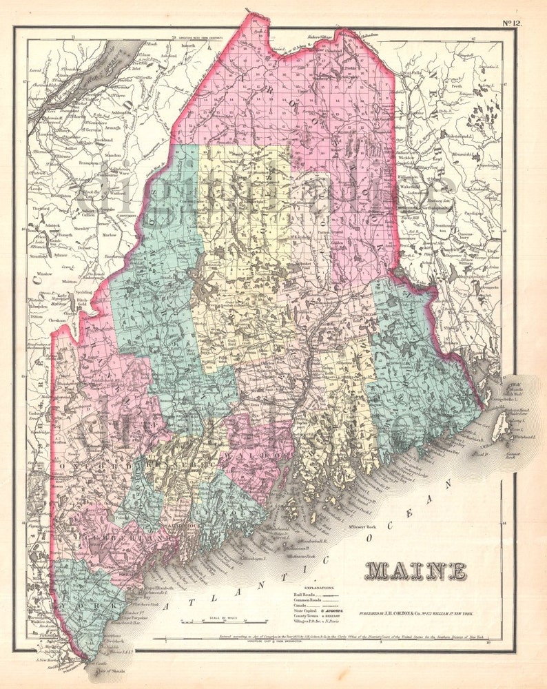 Vintage MAINE STATE MAP Old Map 1855 Maine Instant | Etsy