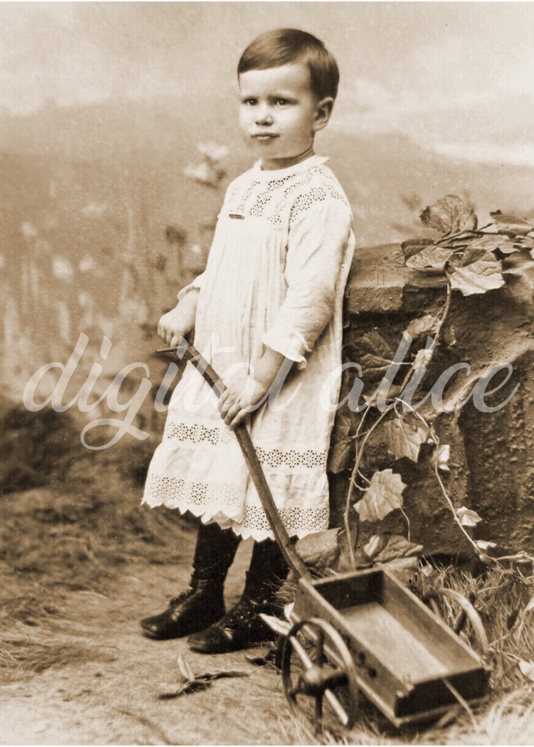 VINTAGE CHILD PHOTO -little 1800s Boy Pulling His Wagon-digital ...